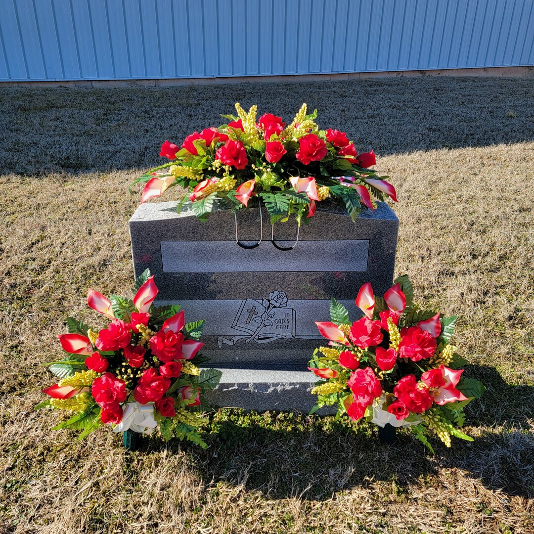 This Headstone Saddle and Memorial Cone Set Has Silk Grave Flowers ...