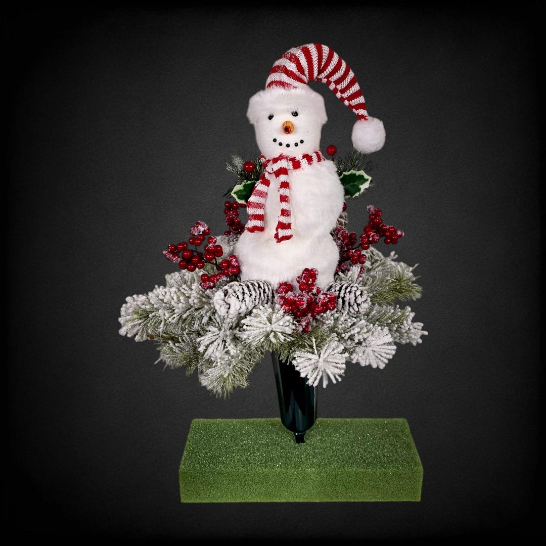 This Winter Memorial Cone Has a Snowman With Snowy Pine and Red Berries ...