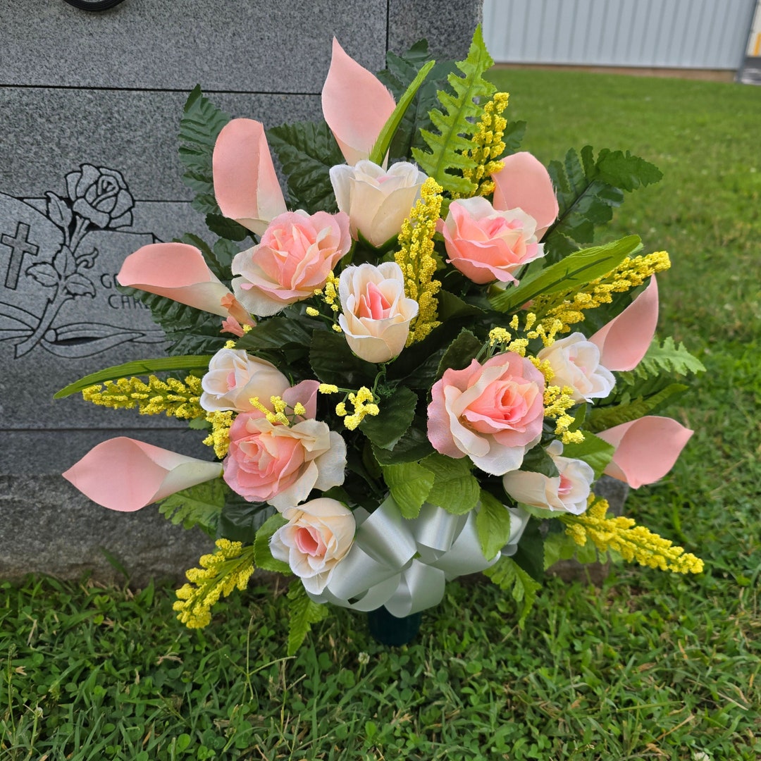 This Cemetery Cone Has Grave Flowers Including Peach Calla Lily and ...
