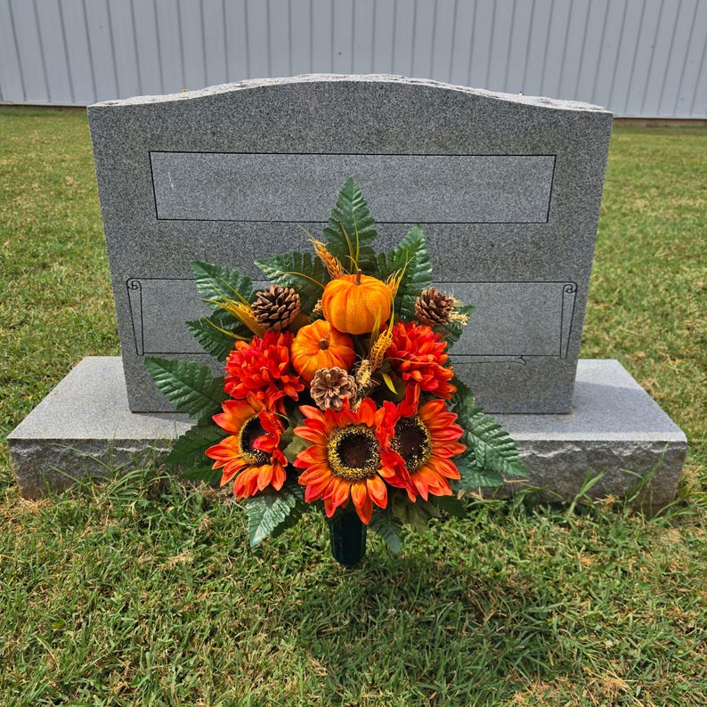 A Fall Memorial Decoration Cemetery Cone Orange Sunflower and Mum Grave ...