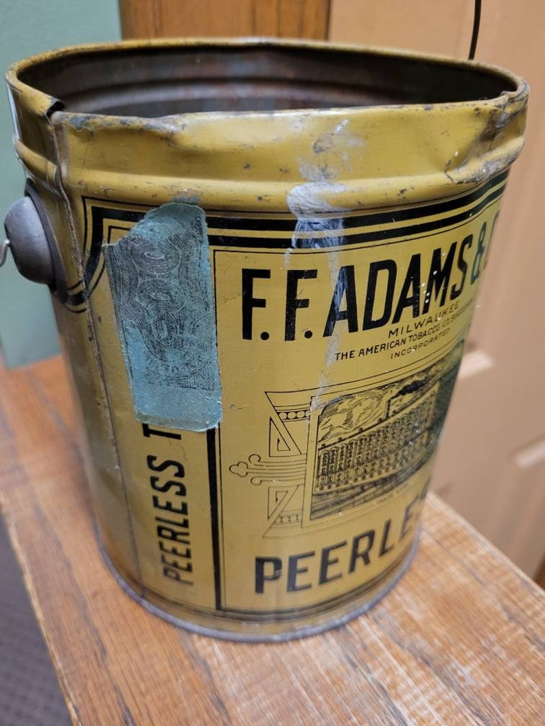 FF Adams & Co Peerless Tobacco Tin Pail With Partial Tax Stamp. No Lid ...