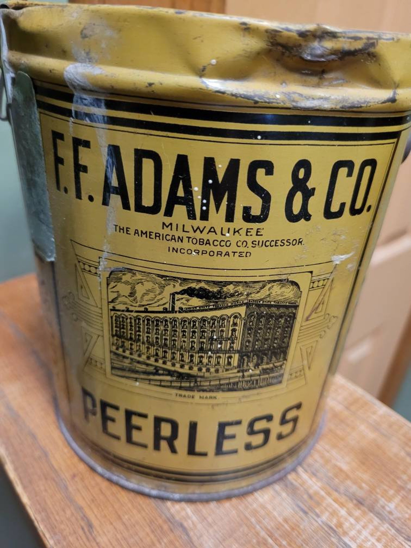 FF Adams & Co Peerless Tobacco Tin Pail With Partial Tax Stamp. No Lid ...