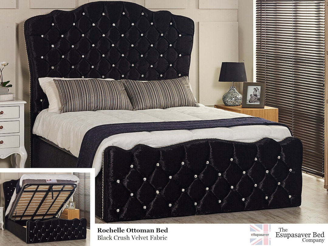 Rochelle Gas Lift Ottoman Storage Bed Frame. Available in Smooth Velvet, Crush Velvet, Chenille ...