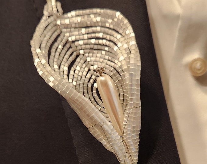 DISCOUNTED Large White French Beaded Bugle Bead Calla Lily Boutonniere ...