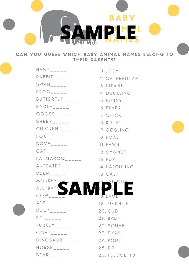 Baby Animal Names Baby Shower Game - Etsy