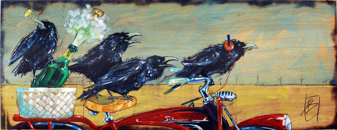 Canvas Panel Art Print-ravens, Champaign "joy Ride" Whimsical Ravens ...