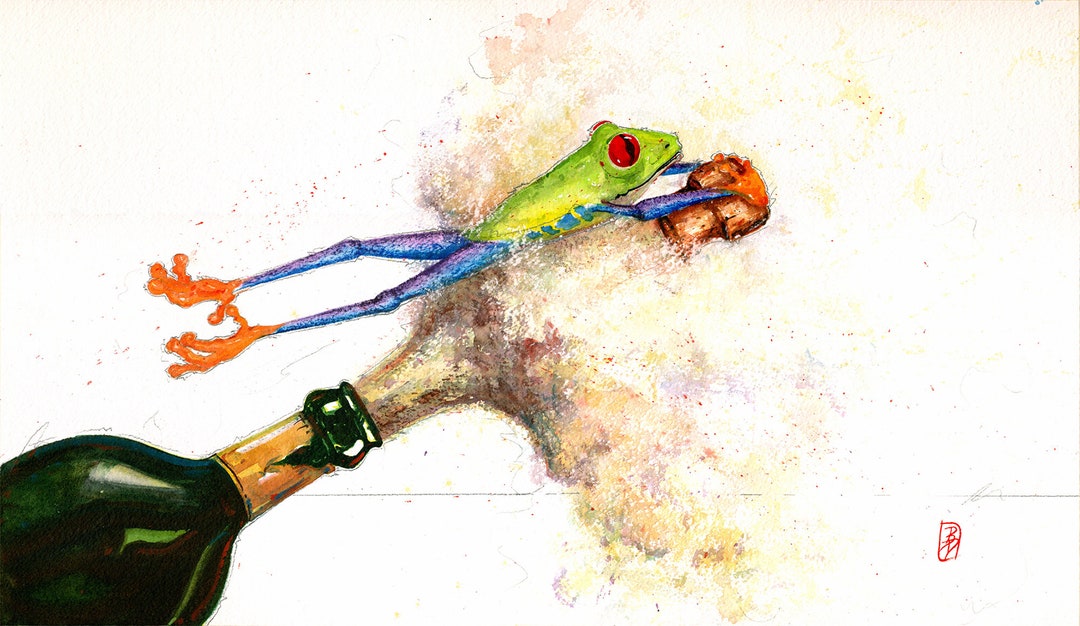 Canvas Panel Art Print-wine, Champaign, Frogs "pop!" Whimsical, Frogs ...