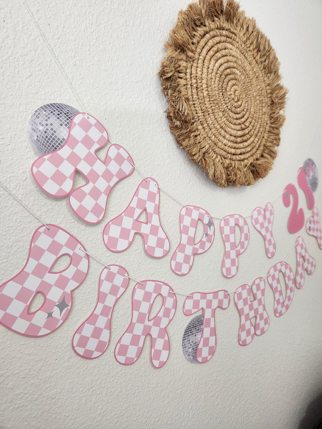Disco Pink Checkered Happy Birthday Banner / Disco Birthday Banner ...