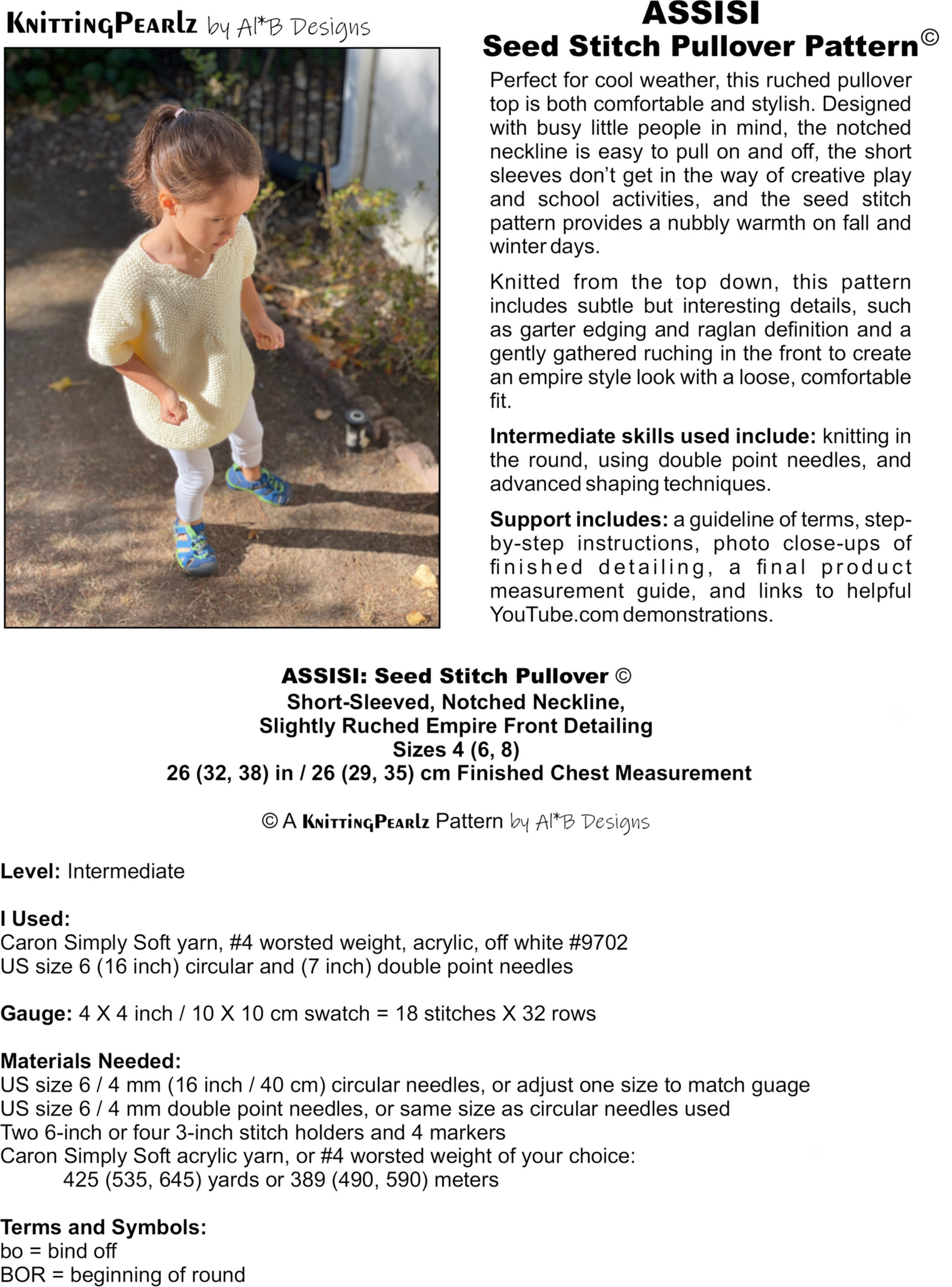 ASSISI Seed Stitch Pullover Sweater Pattern, Girls' Sizes 4-8 - Etsy