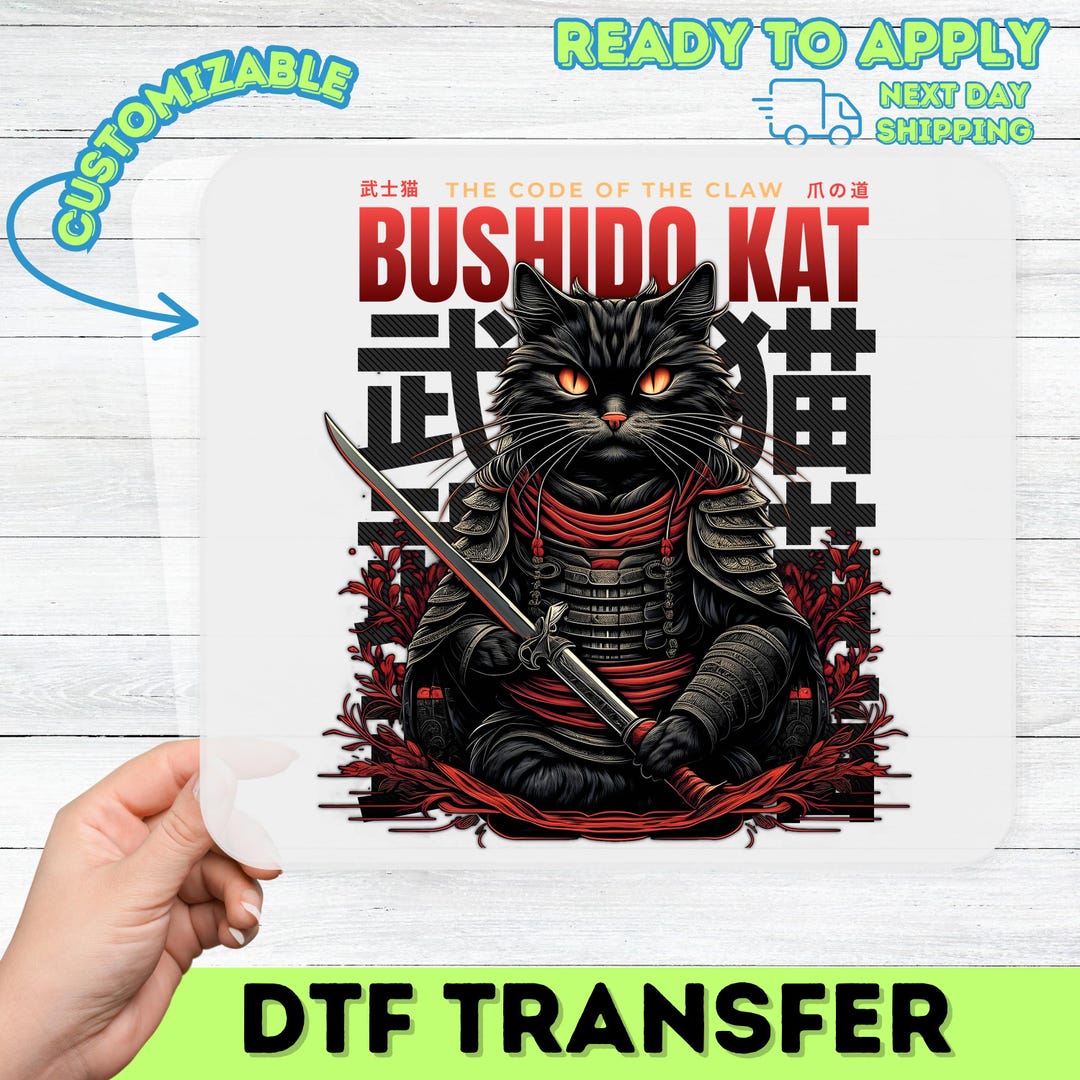 Bushido Kat Samurai Cat DTF Transfer, Cute Japanese Iron-on Decal ...