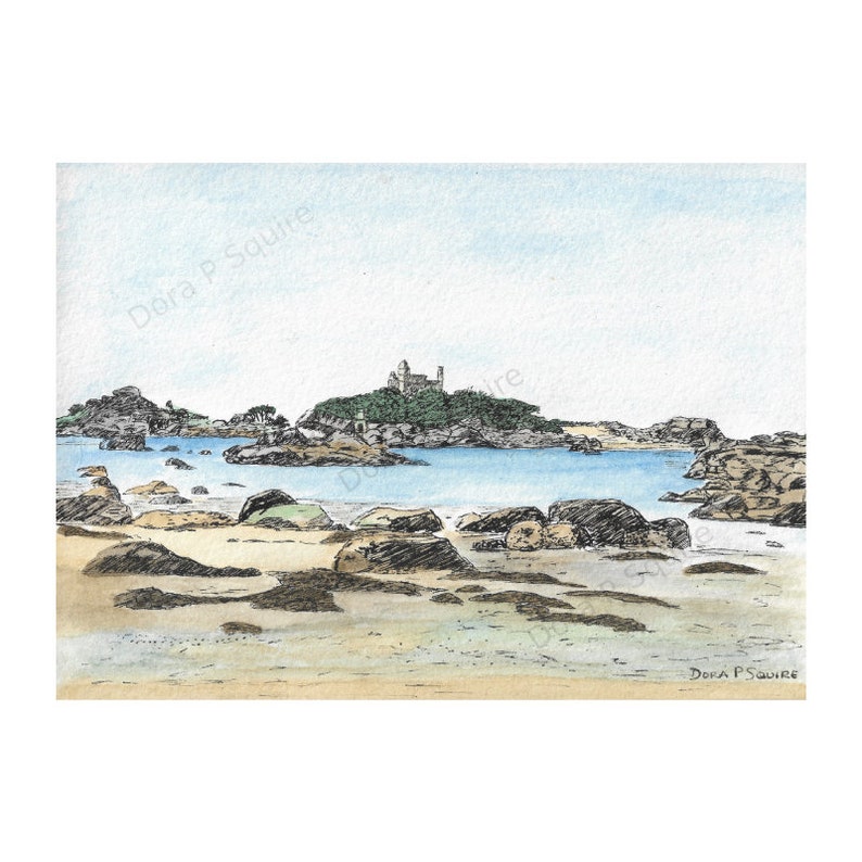 Cornish Island Pen and Ink Drawing Watercolour Painted - Etsy