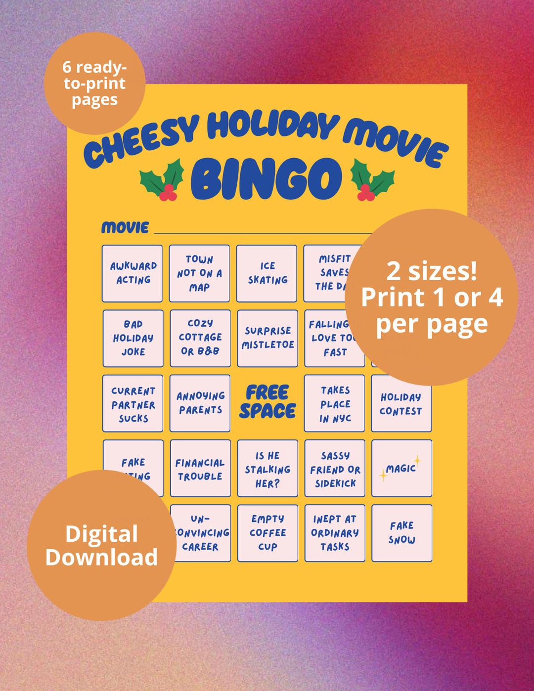 Cheesy Holiday Movie Bingo – 6 Printable Cards (pdf/digital Files) - Etsy
