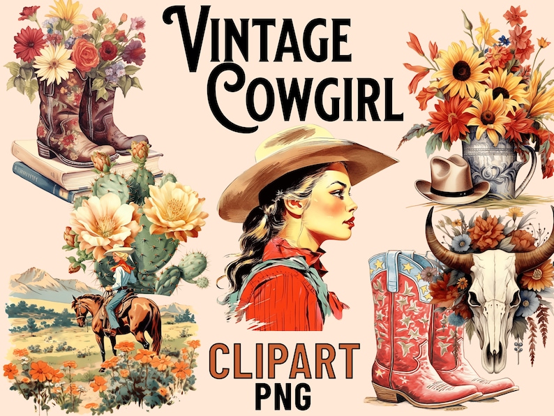 Vintage Cowgirl PNG Clipart, Western Horses Retro Clip Art Bundle, Wild ...