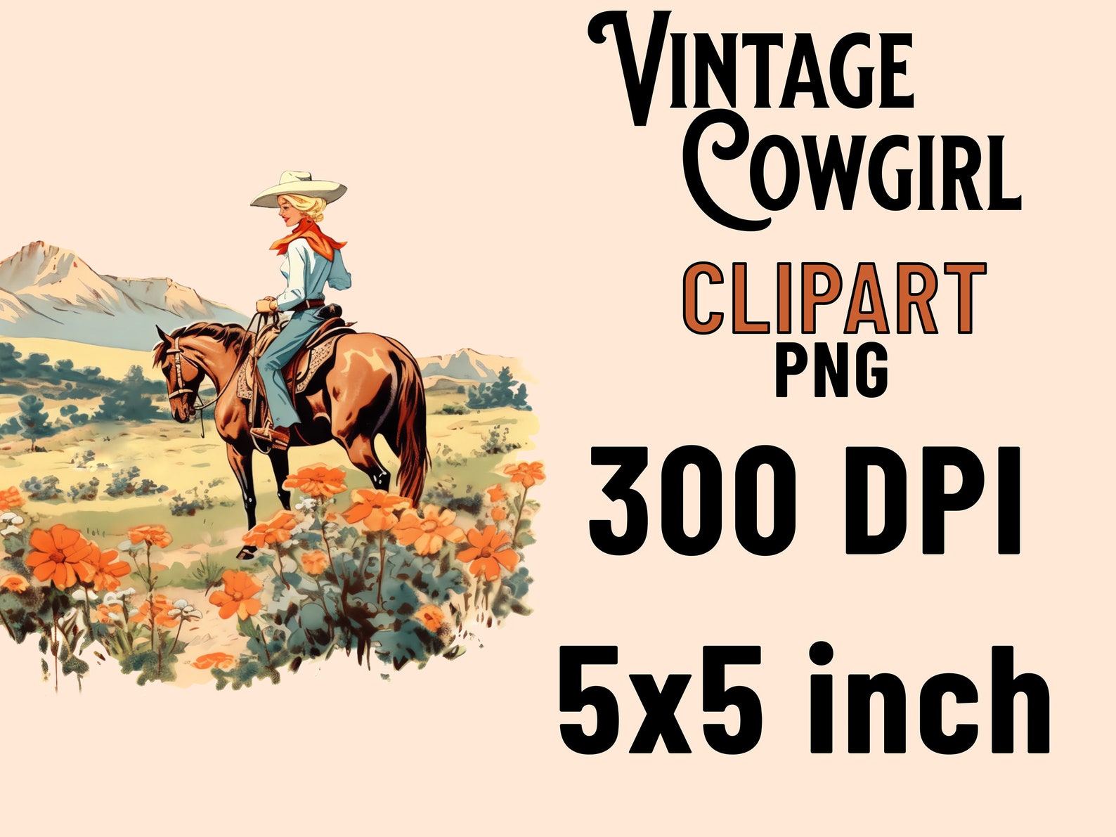 Vintage Cowgirl PNG Clipart, Western Horses Retro Clip Art Bundle, Wild ...
