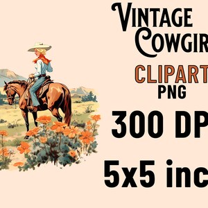 Vintage Cowgirl PNG Clipart, Western Horses Retro Clip Art Bundle, Wild ...