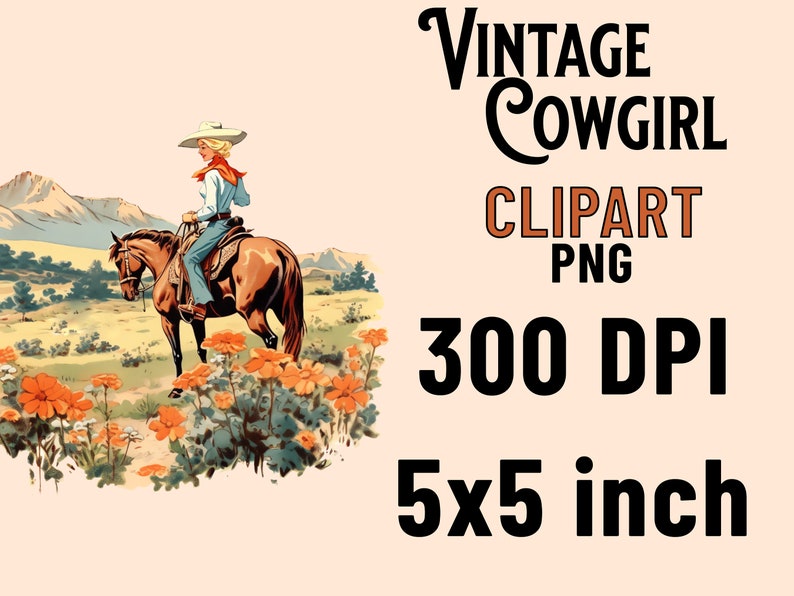 Vintage Cowgirl PNG Clipart, Western Horses Retro Clip Art Bundle, Wild ...