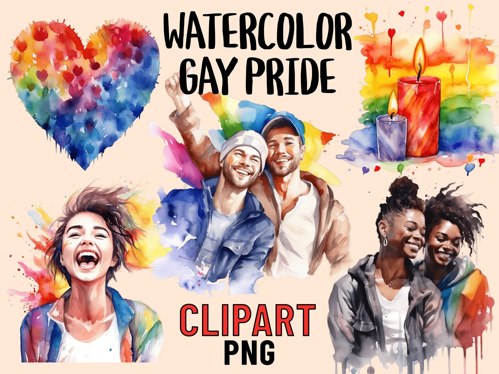 Gay Pride Clipart, Watercolor Pride Month PNG Bundle, Rainbow Clip Art ...