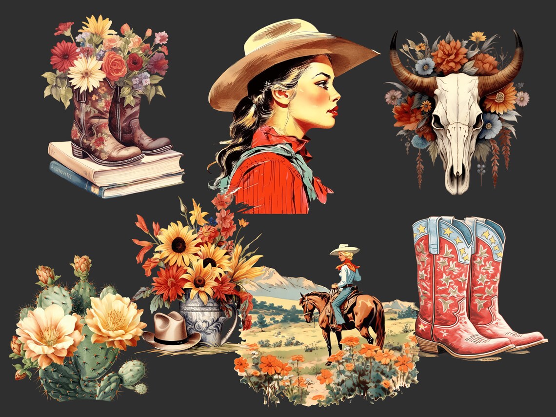 Vintage Cowgirl PNG Clipart, Western Horses Retro Clip Art Bundle, Wild ...