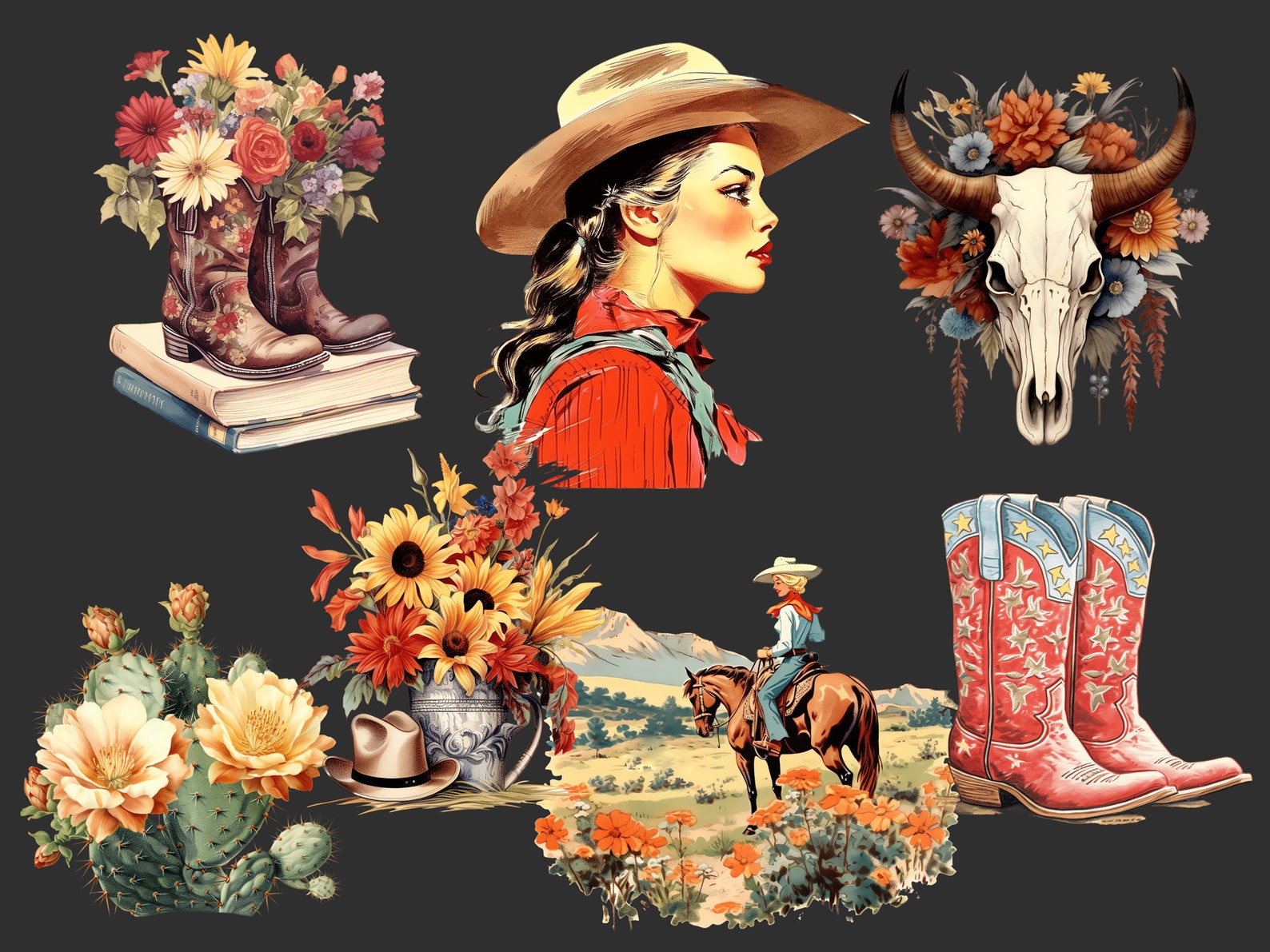 Vintage Cowgirl PNG Clipart, Western Horses Retro Clip Art Bundle, Wild ...