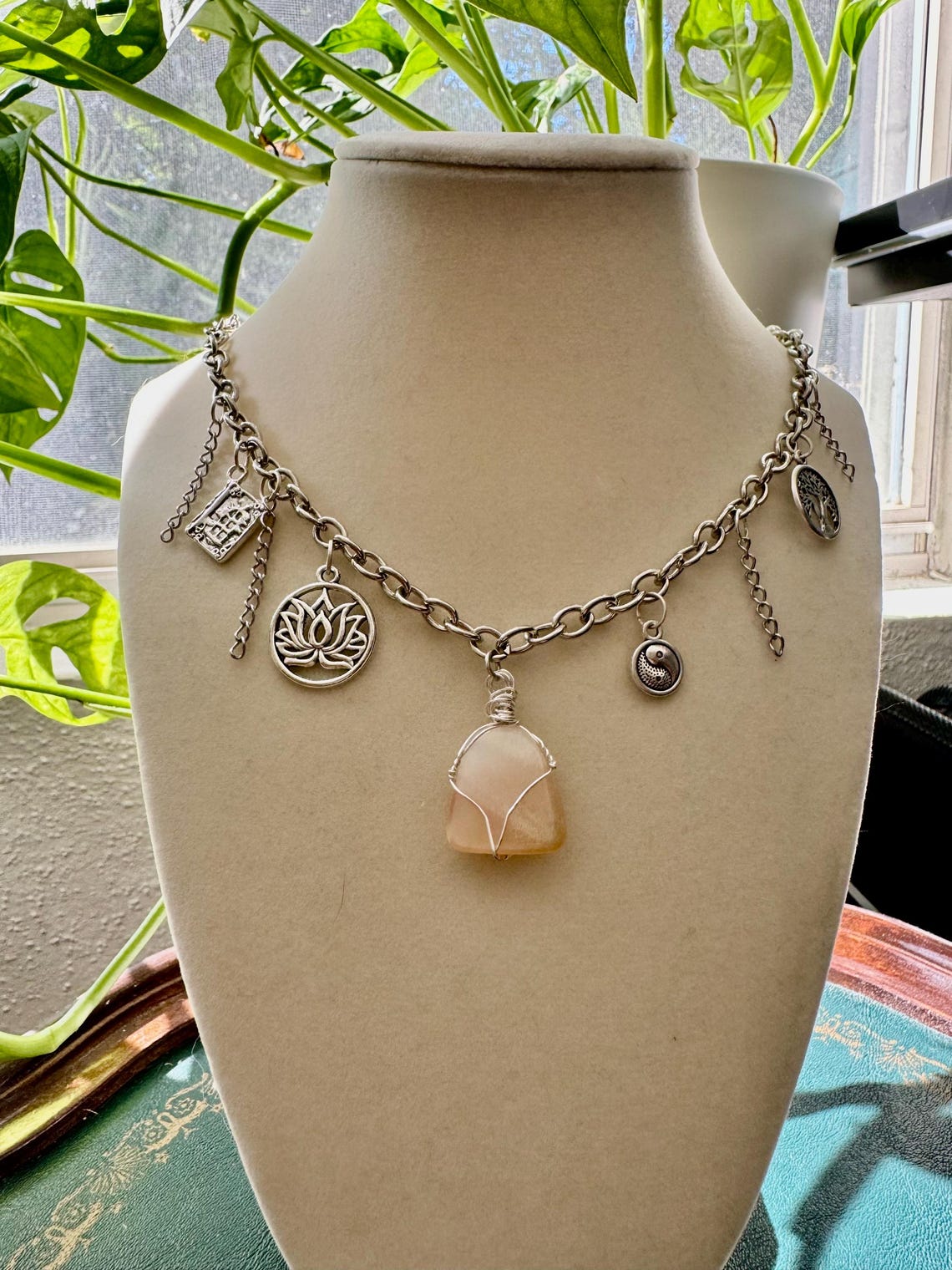 Peach Calcite Peace Necklace. Hand Wrapped Calcite Crystal Stone ...