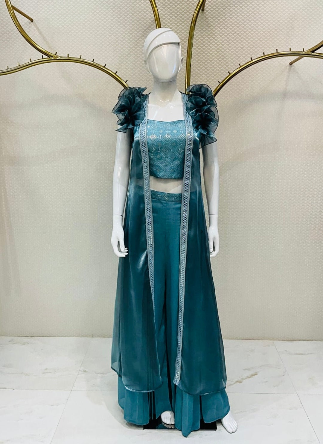 DEEP BLUE THREE Piece Sharara Set With Full Length Shrug - Etsy