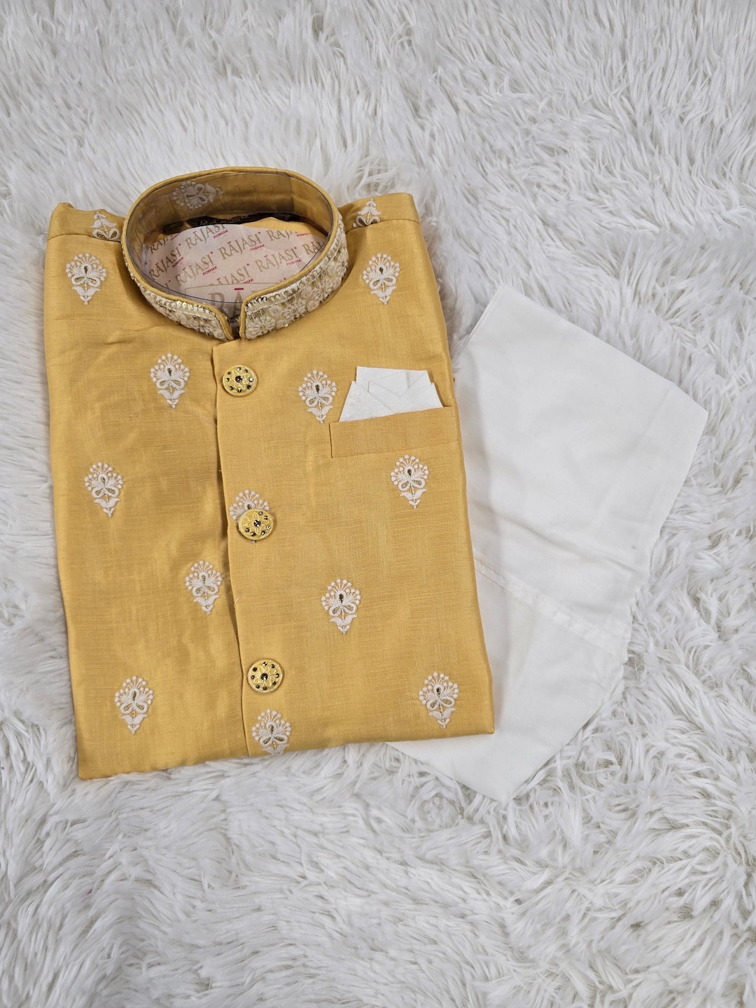 Boys Mustard Embroidered Kurta Pajama Set With Designer Collar - Etsy