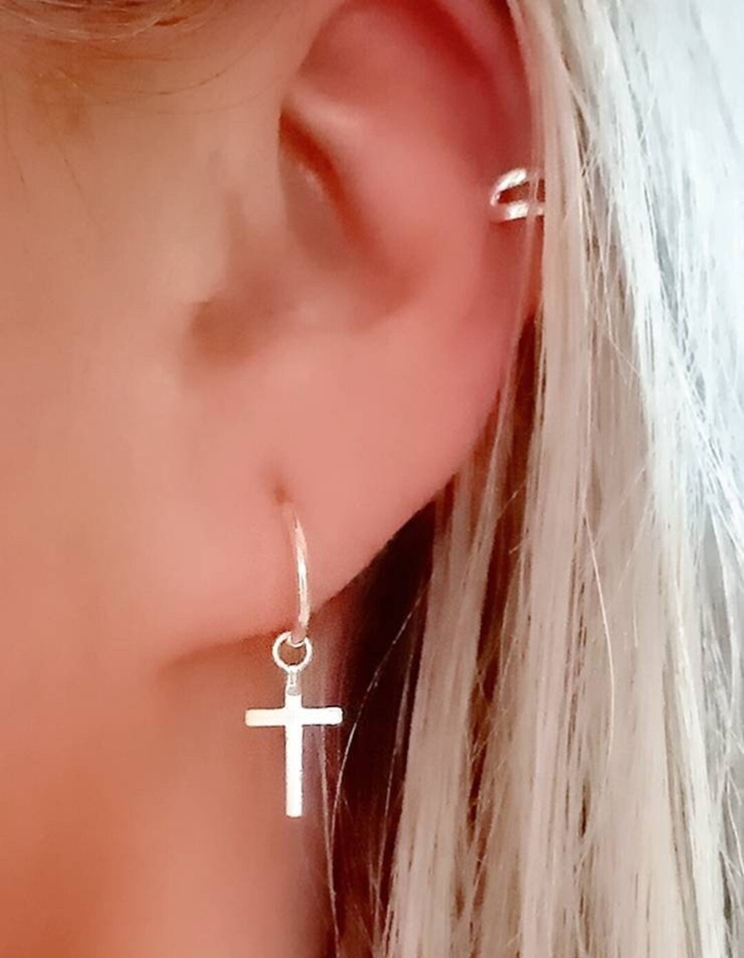 Silver Cross Hoop Earrings, 925 Sterling Silver Hoops and Hanging Cross ...