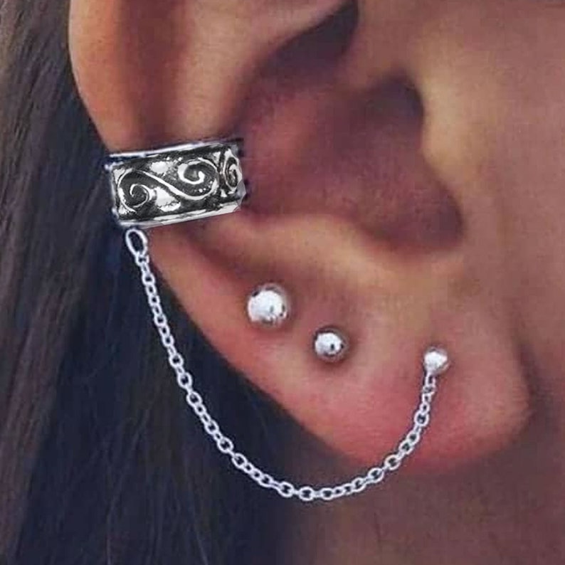 Cartilage and Lobe Earrings with chain / Silver Cartilage and | Etsy
