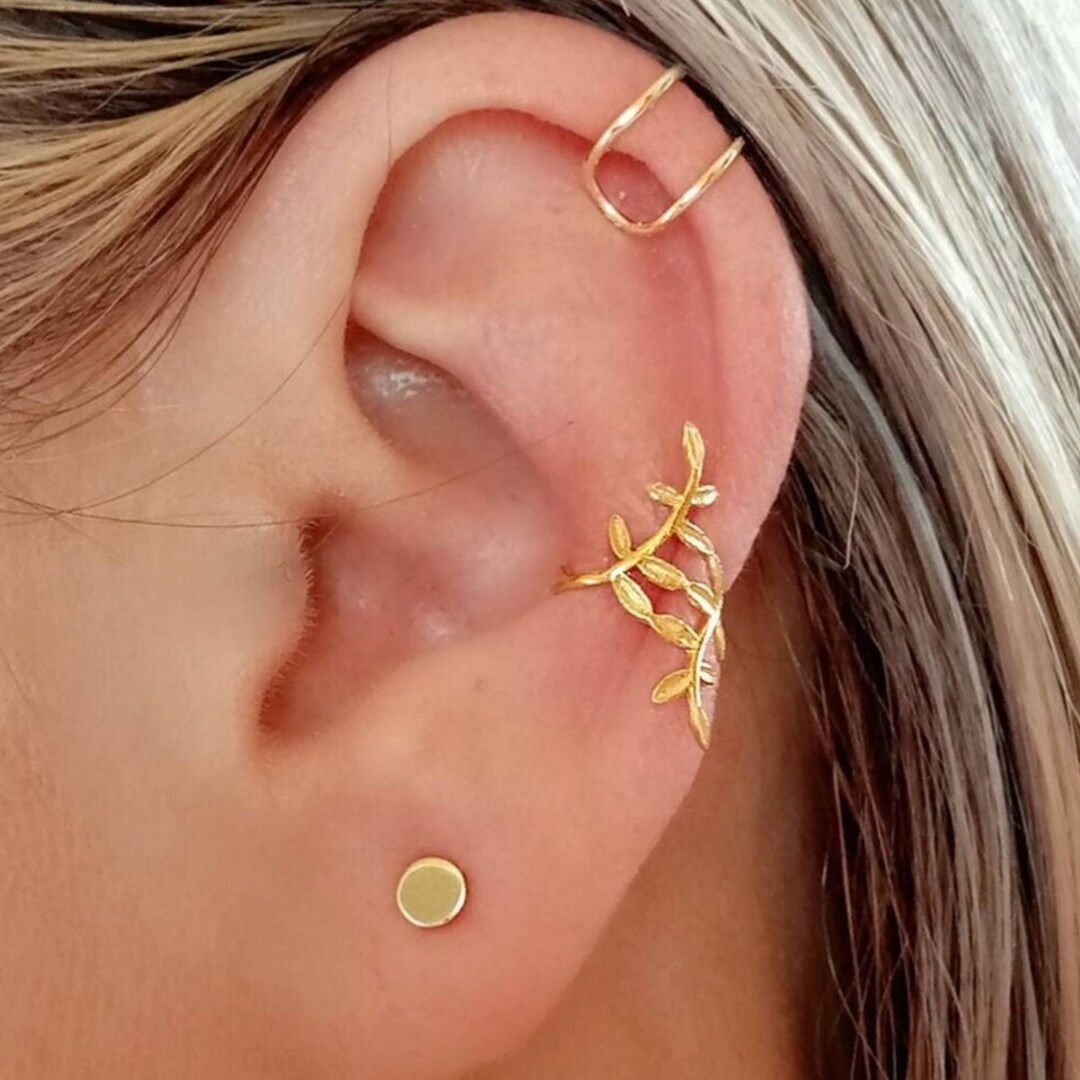 Gold Leaves Ear Cuff ‣ Cartilage Earring Without Hole, Silver Ear Cuff Twigs, Cartilage Earrings ...