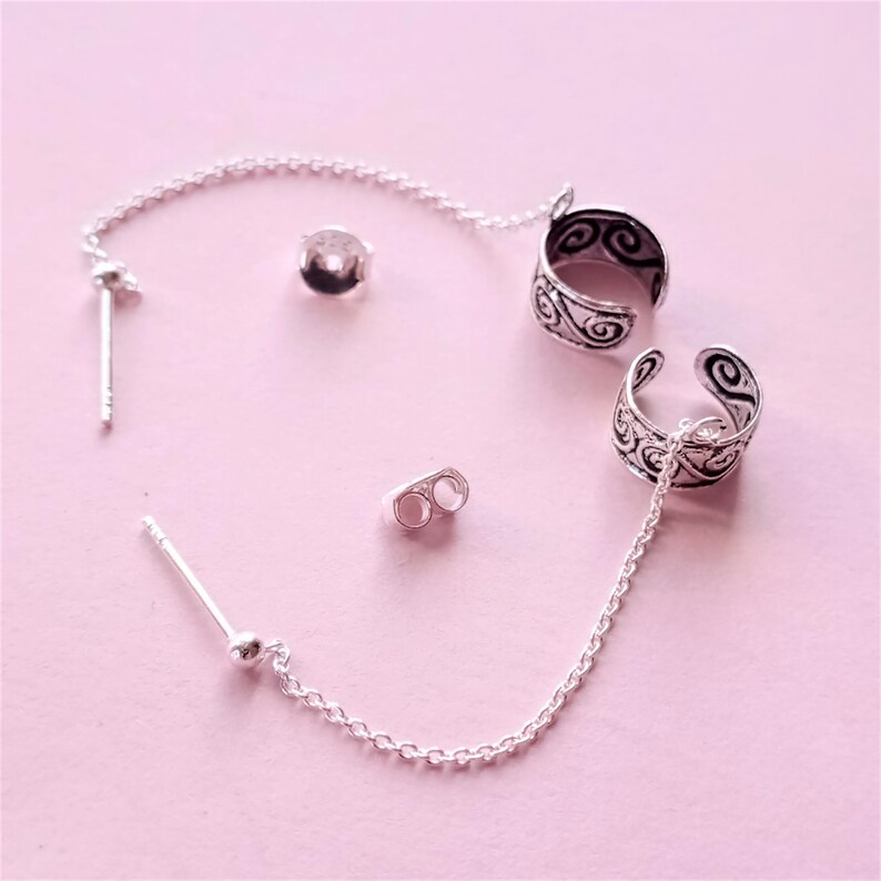 Cartilage and Lobe Earrings With Chain Pair of Silver - Etsy