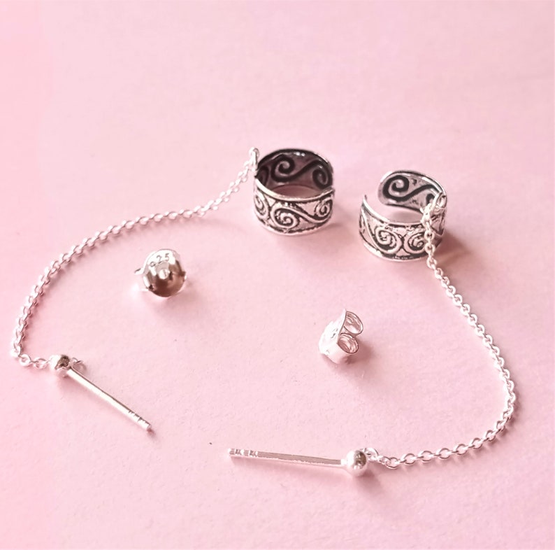 Cartilage and Lobe Earrings With Chain Pair of Silver - Etsy