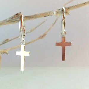 Silver Cross Hoop Earrings, 925 Sterling Silver Hoops and Hanging Cross, Unisex Earrings, Dainty ...