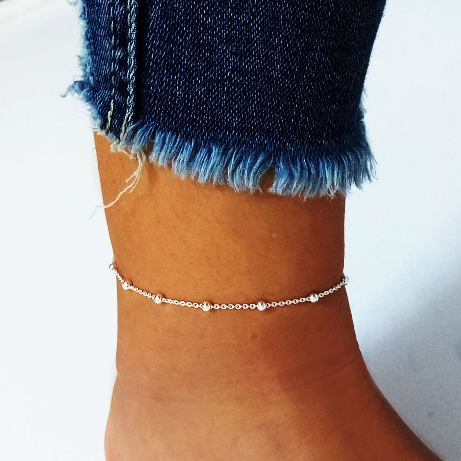 Silver Anklet With Beaded Adjustable Sterling Silver Bead - Etsy