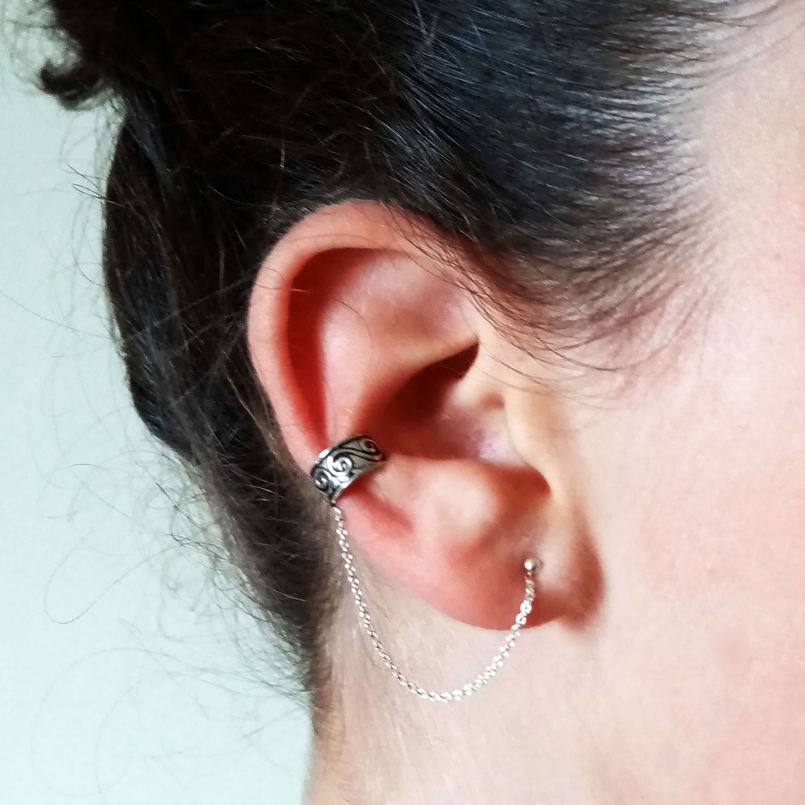 Cartilage and Lobe Earrings With Chain Pair of Silver - Etsy