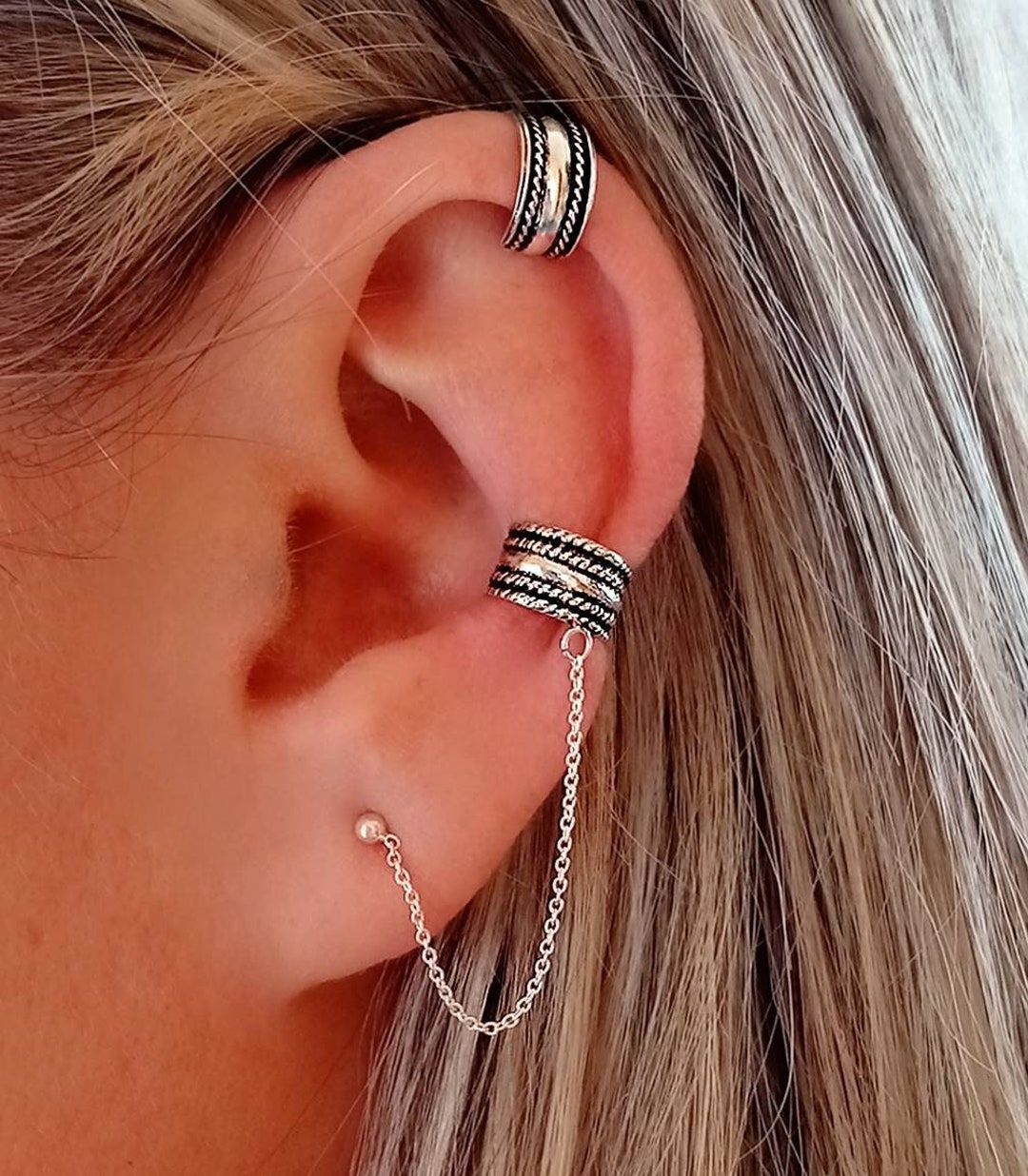Earrings With Cartilage Chain and Lobe, Ear Cuff With 925 Silver Chain ...