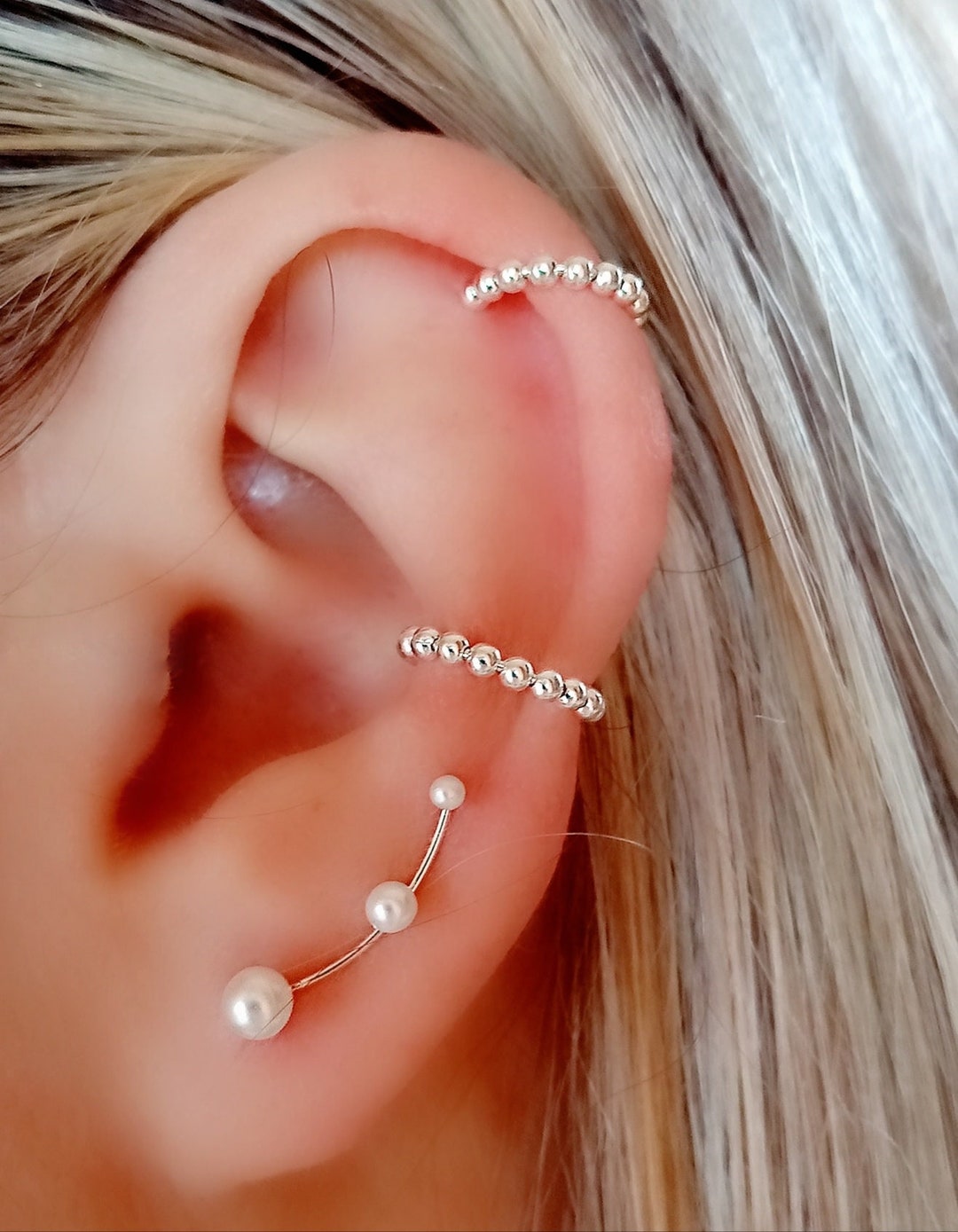 Simple Silver Ball Ear Cuff, Beaded Ear Cuff Cartilage Earrings Ear ...