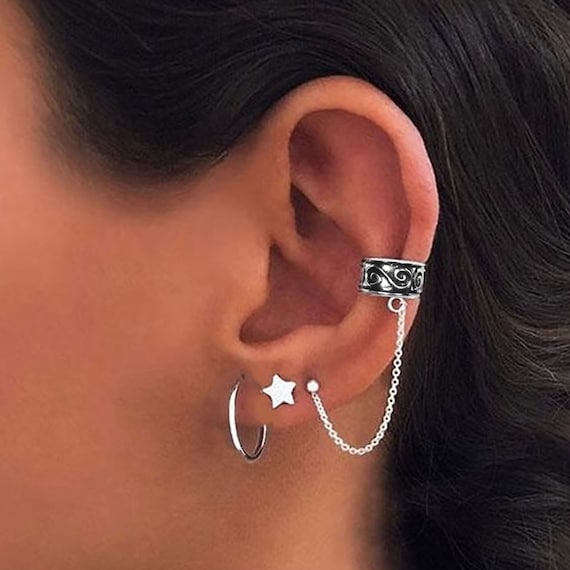 Cartilage and Lobe Earrings with chain / Silver Cartilage and | Etsy