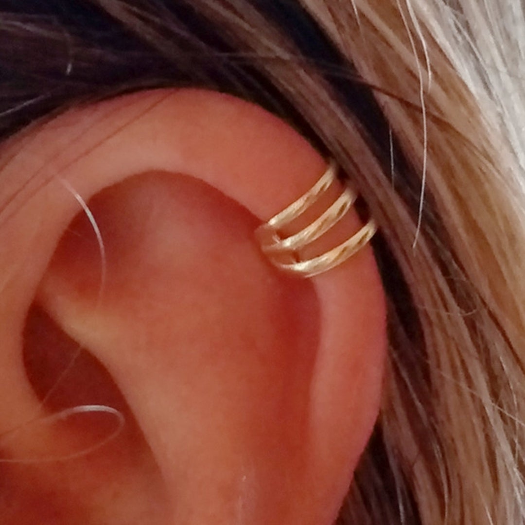 Triple Gold Minimalist Ear Cuff, Gold Ear Cuff Three Band Earrings Ear ...
