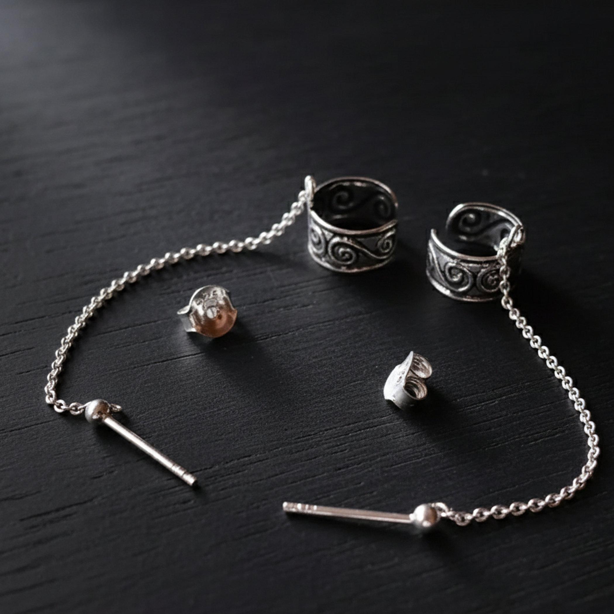 Cartilage and Lobe Earrings With Chain | Pair of Silver Earrings for ...