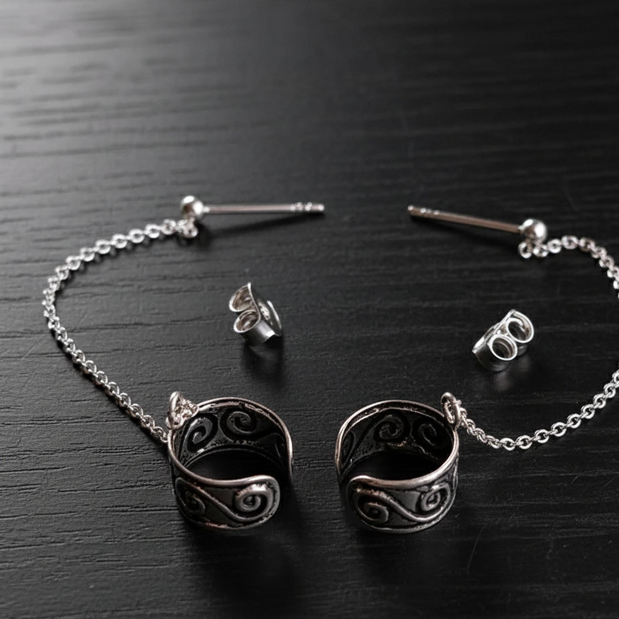 Cartilage and Lobe Earrings With Chain | Pair of Silver Earrings for ...