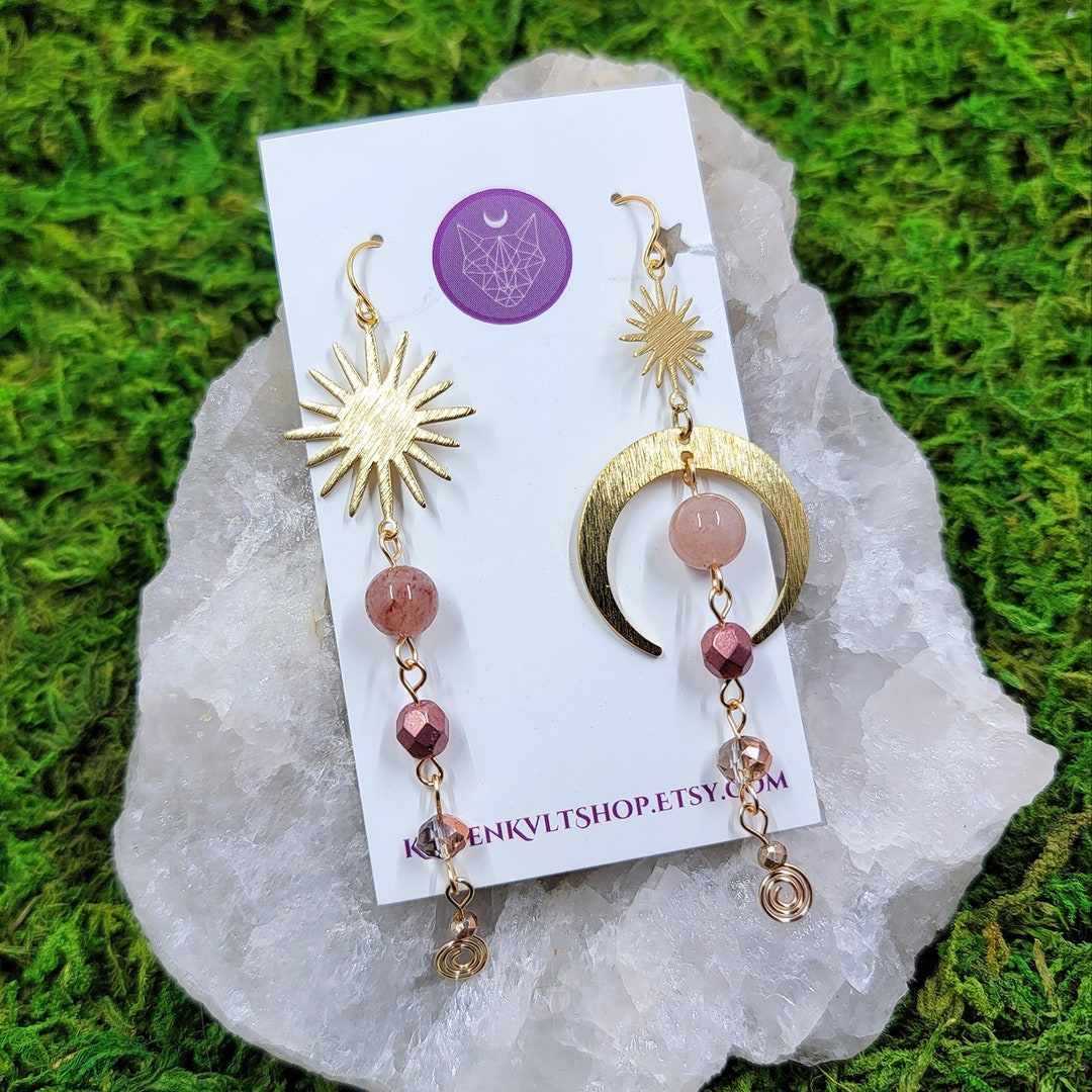 Celestial Strawberry Quartz Earrings, Sun Star Moon Pink Crystal Fairy ...