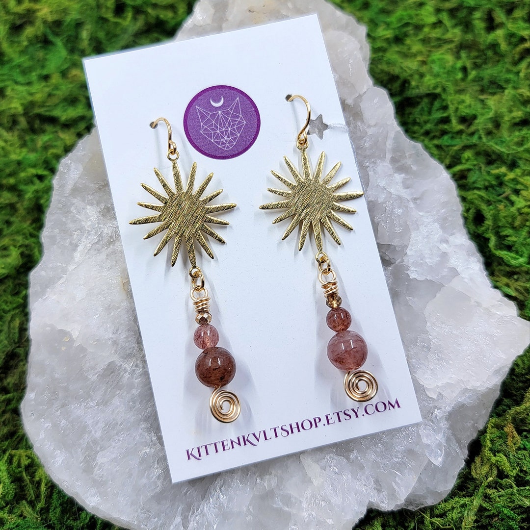 Celestial Strawberry Quartz Earrings, Sun Star Pink Crystal Fairy ...