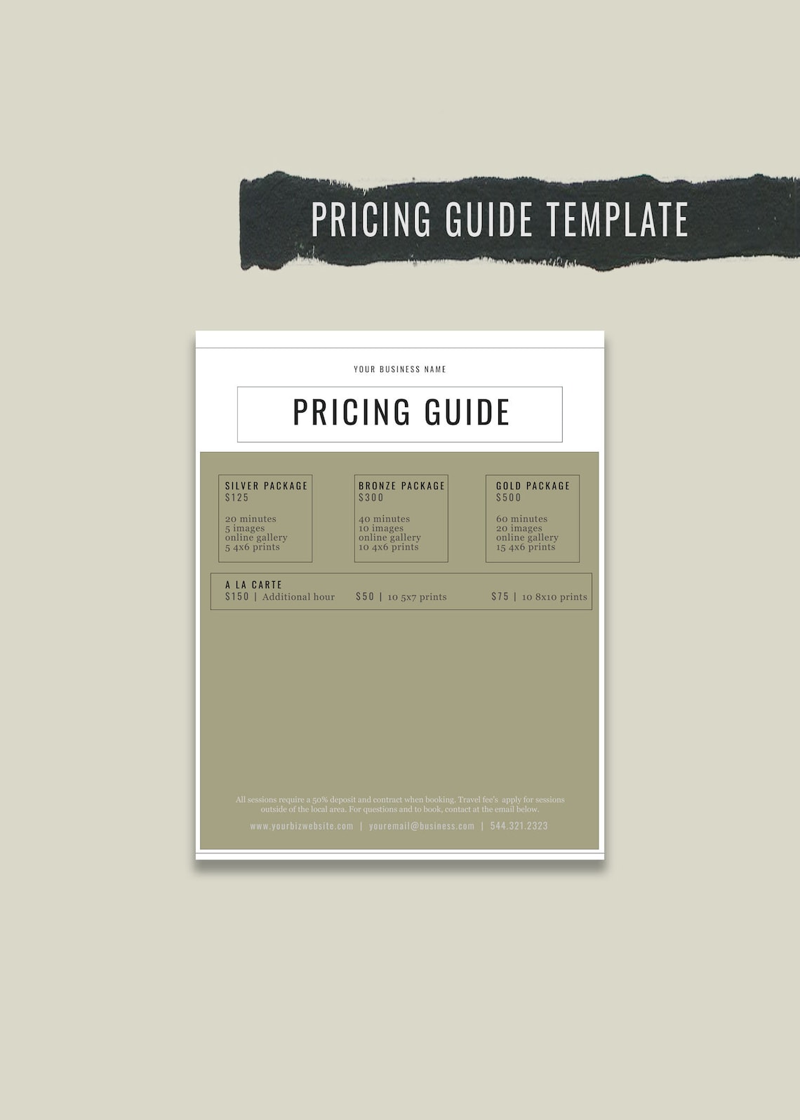 Photography Pricing Guide - PSD File- Price Sheet- Simple Elegant ...