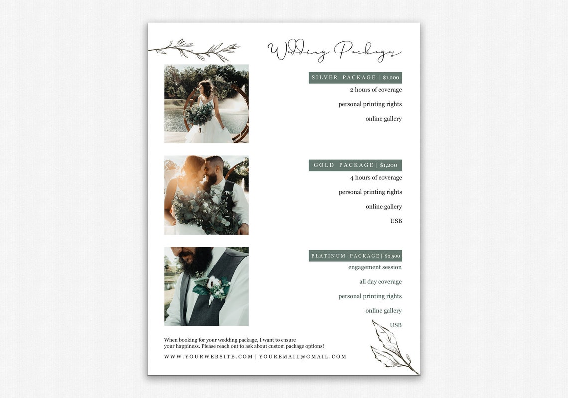 Wedding Pricing Sheet - Editable Psd File - Boho Green - 8.5"x11" - Etsy