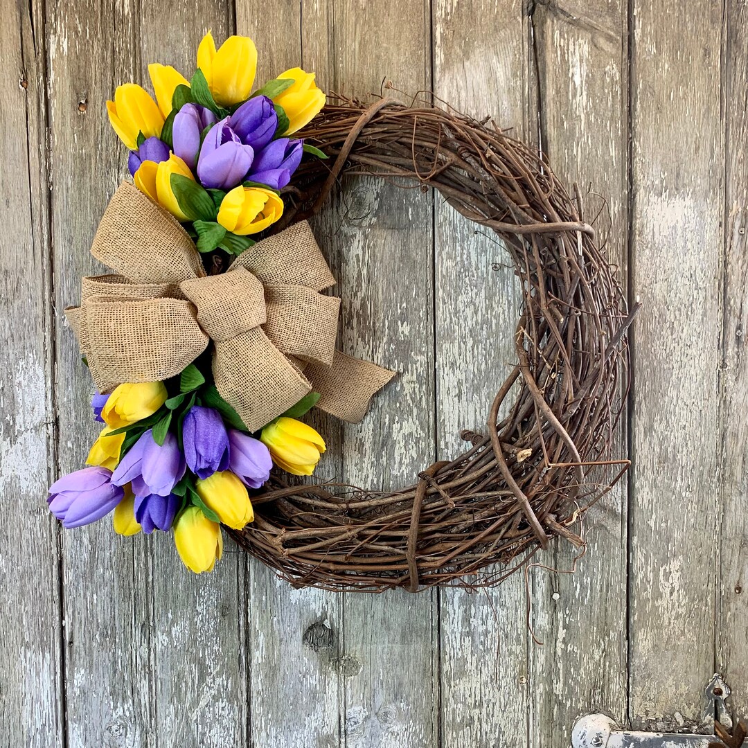 Minimalist Wreath for Front Door, Purple and Gold Wreath, Tulip Easter ...