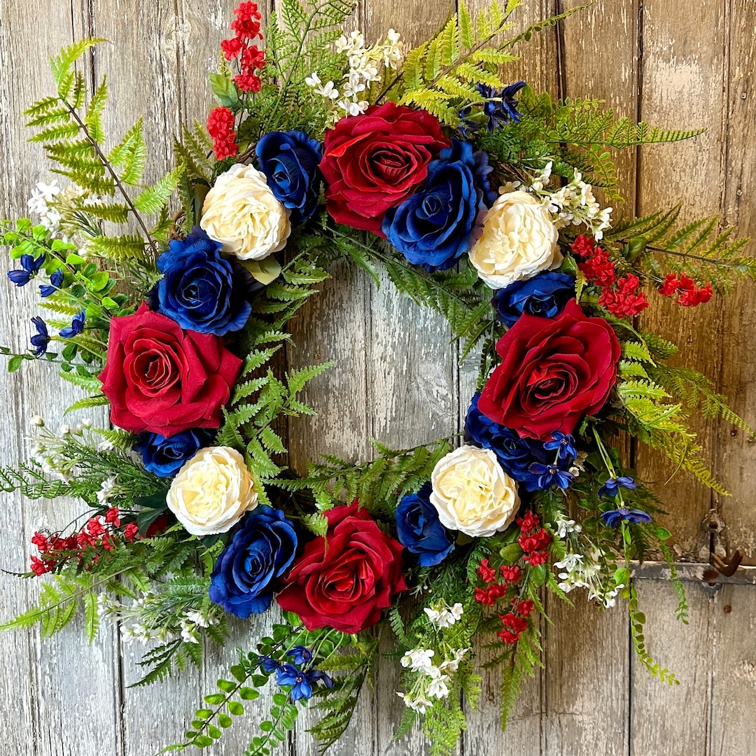 Patriotic Rose Wreath: Red, White, and Blue Summer Decor - Etsy