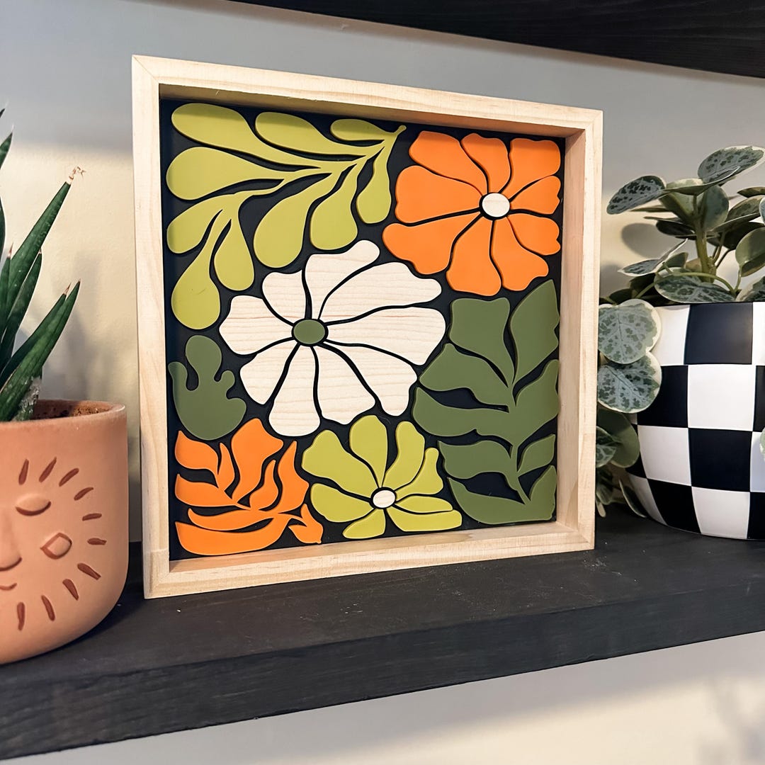 Abstract Flower Wall Art, Boho Flower Art, Groovy Retro Flower Framed ...