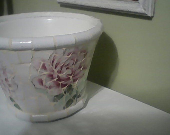 Mosaic Flower Pot With Pink Rose Pattern With Green Leaves. - Etsy