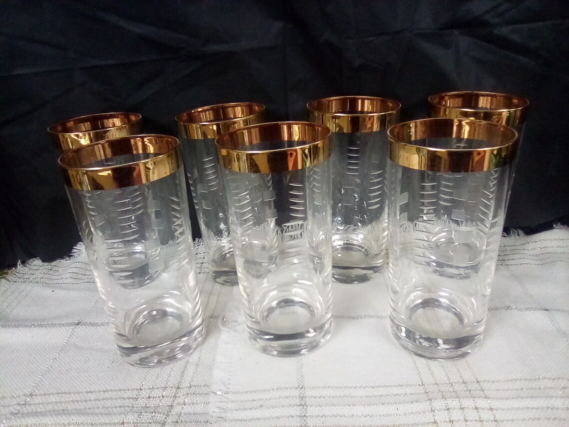Vintage Bar Glasses Gold Rimmed Set of 7 3 Wide X - Etsy