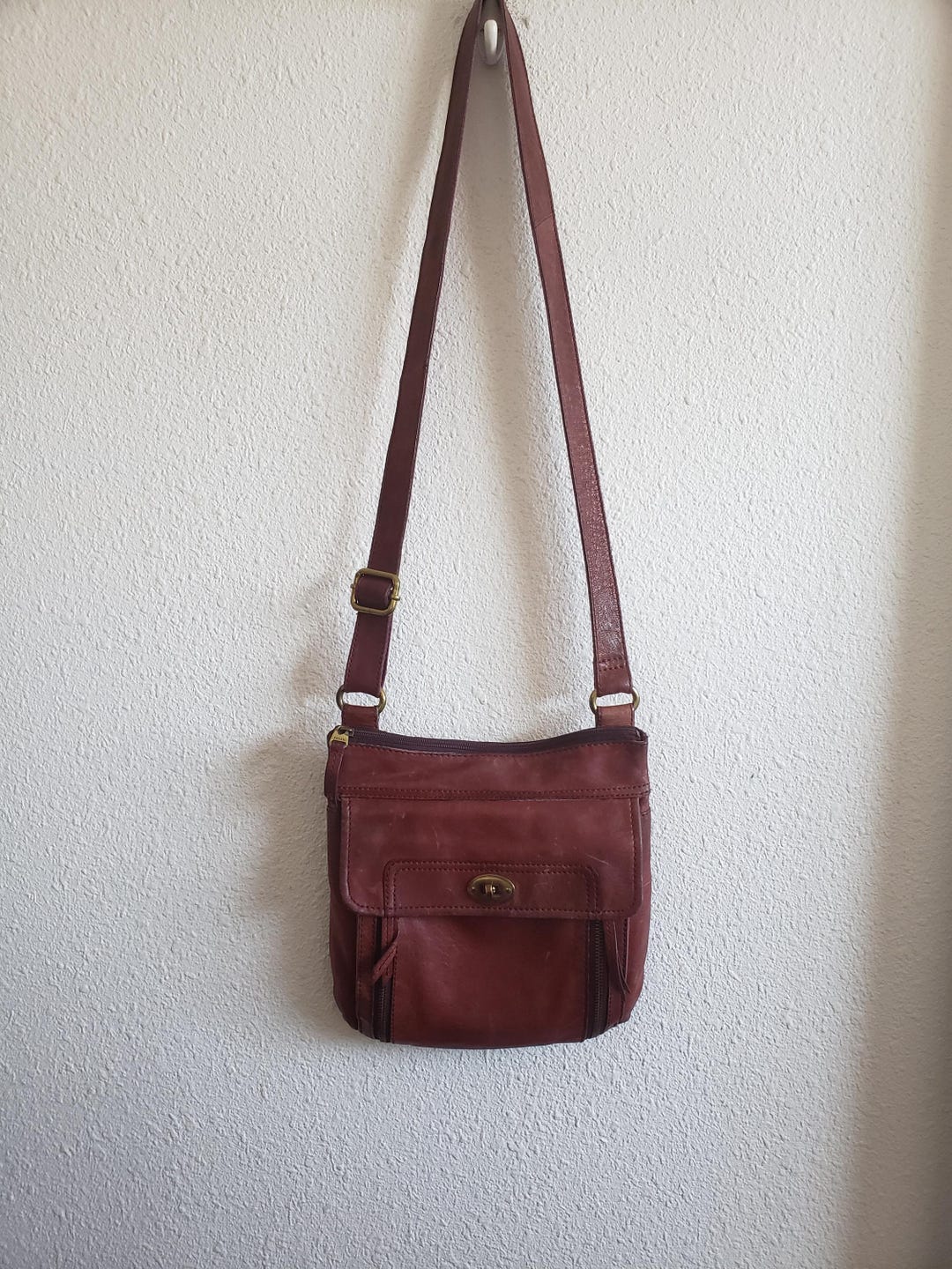 Vintage Fossil Cranberry Leather Crossbody Messenger Travel Handbag ...
